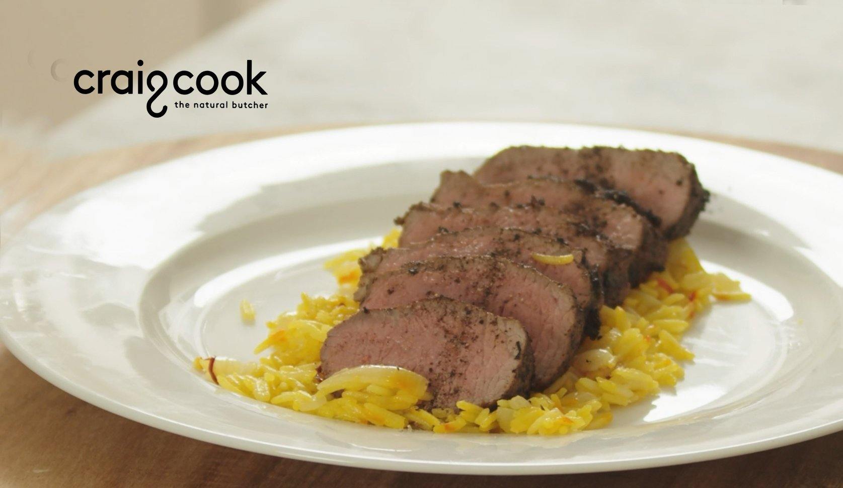 Marinated Lamb Back Strap in Marinade Served with Saffron Rice – Craig ...